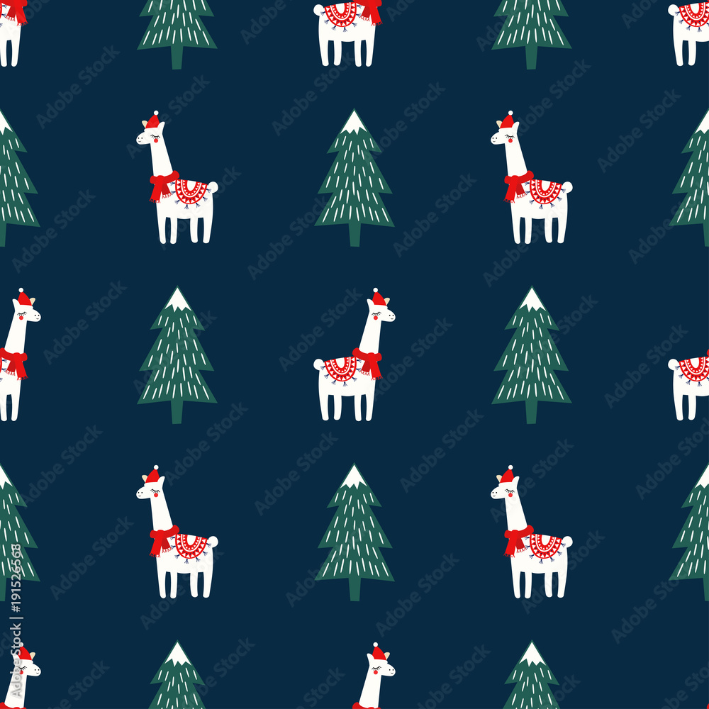 Christmas tree and cute lama with xmas hat seamless pattern on dark ...