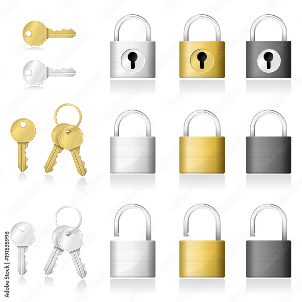 Set of realistic key and padlock icons isolated on white background ...