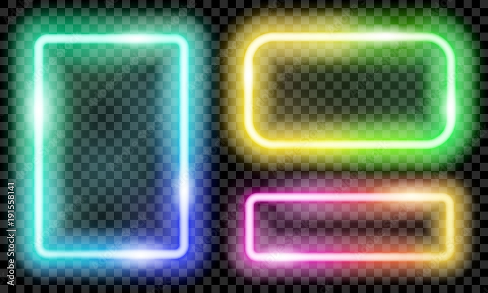 Set of colorful translucent neon frames on transparent background ...