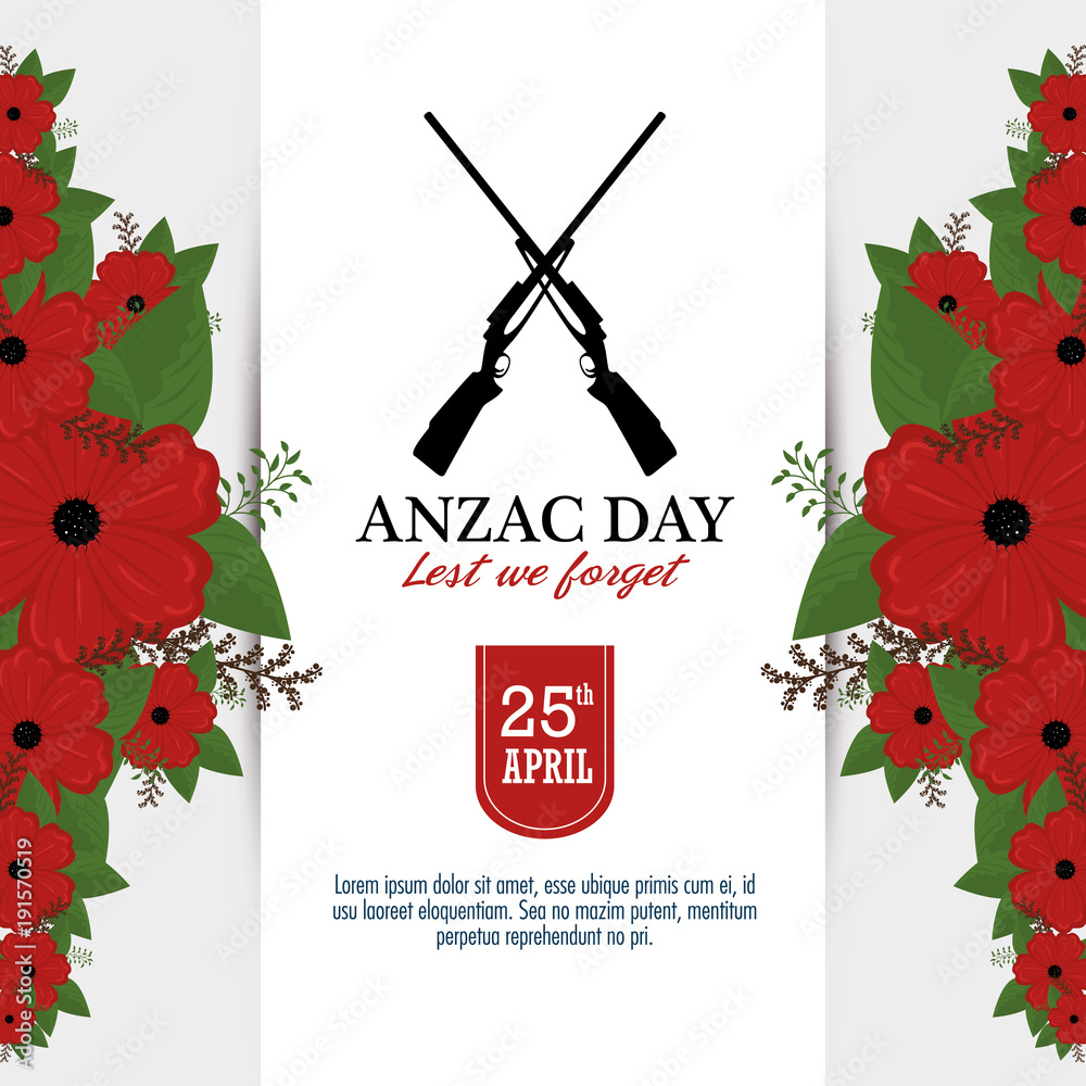 anzac day poster with red poppy flower and text Lest we forget vector ...