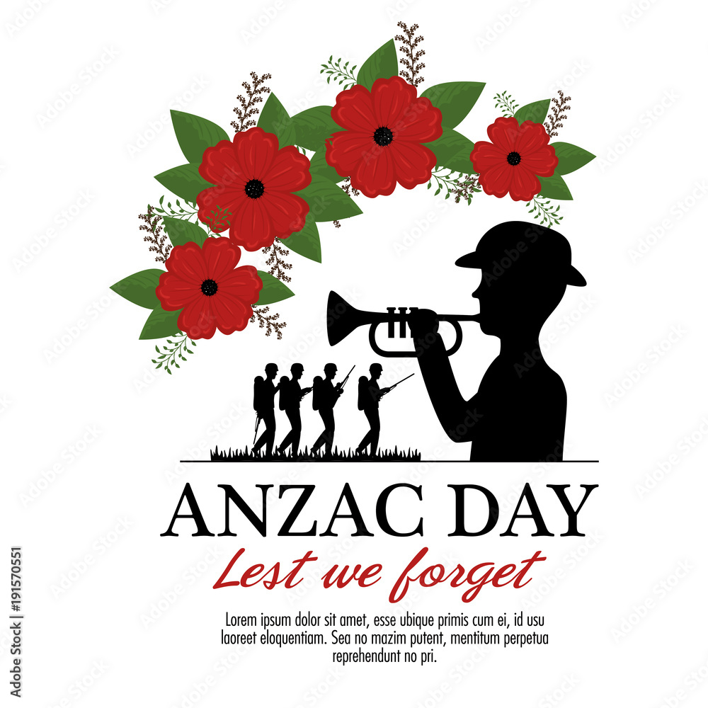 anzac day background with soldiers blowing trumpet with text Lest we ...