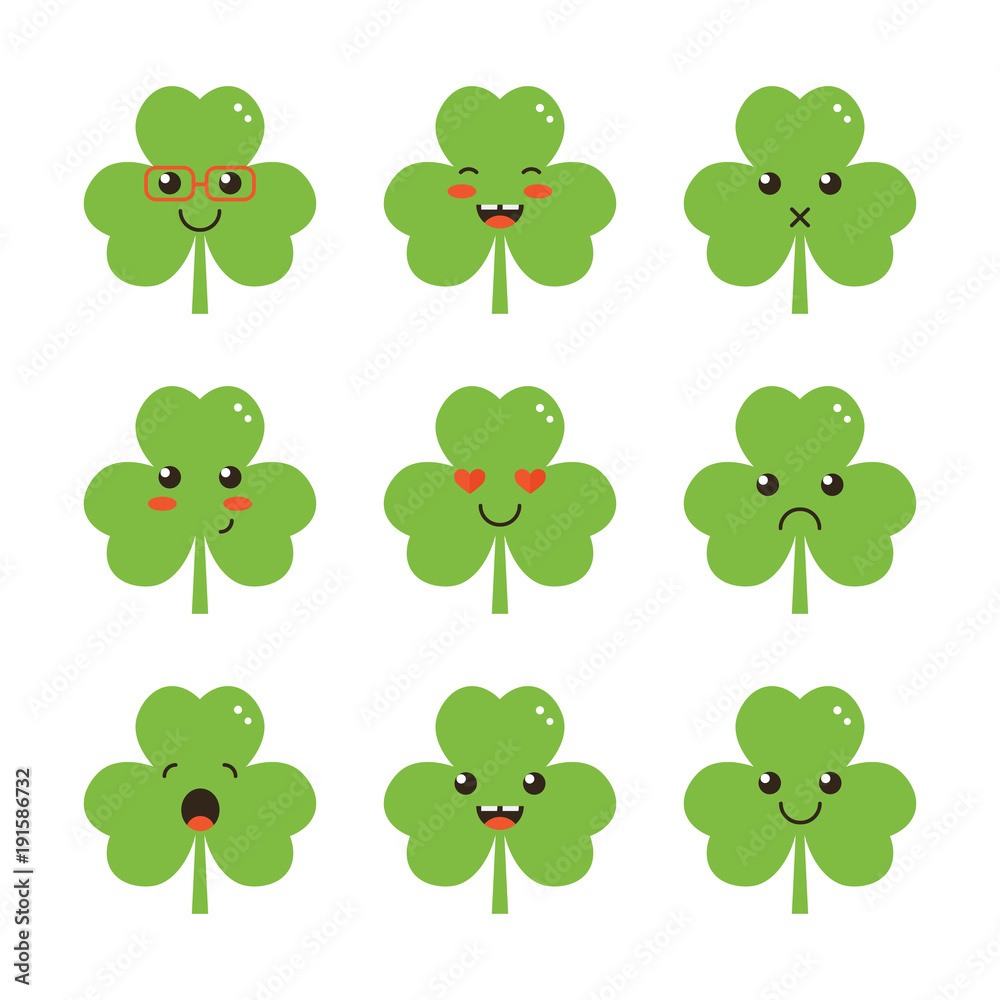 Cute flat design clover, shamrock leaf character with different facial ...