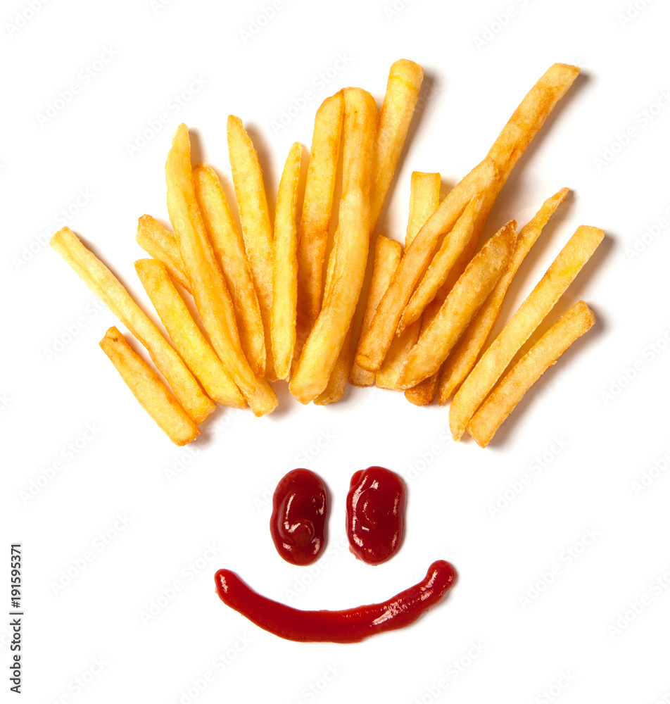 Hair from potatoes. French fries and a face with a smile from ketchup ...