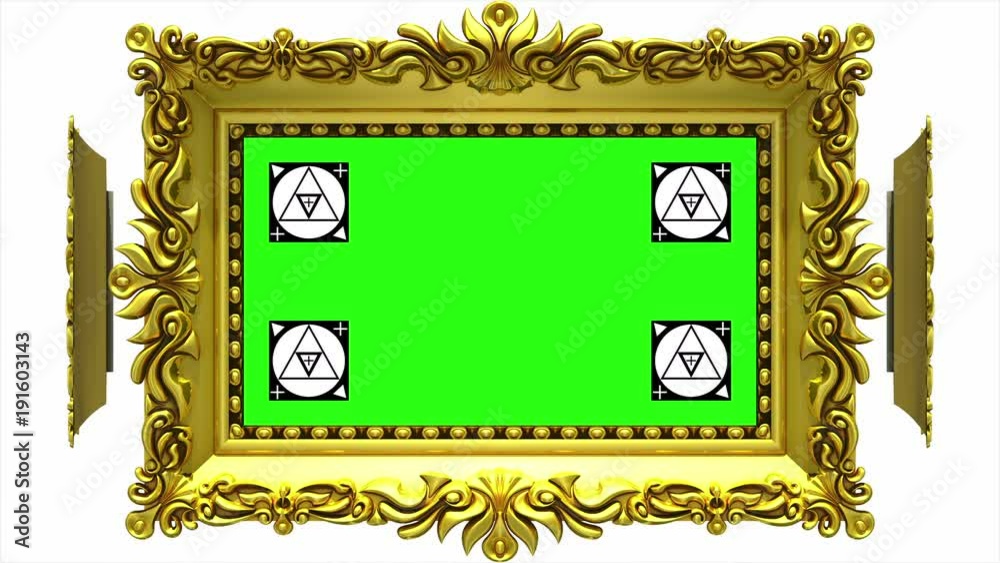Ornate gold picture frames rotate in a circle on white background ...