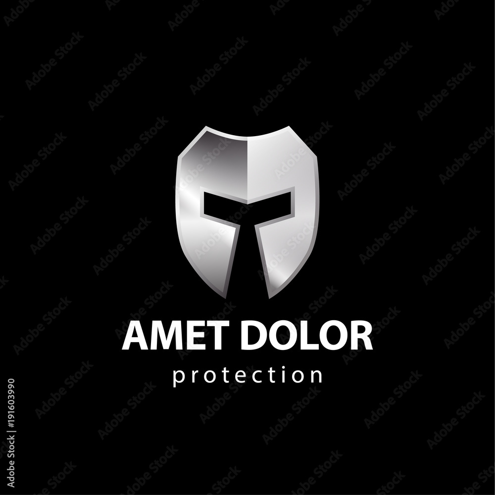 Helmet and shield abstract icon. Metallic 3D logo template for the ...