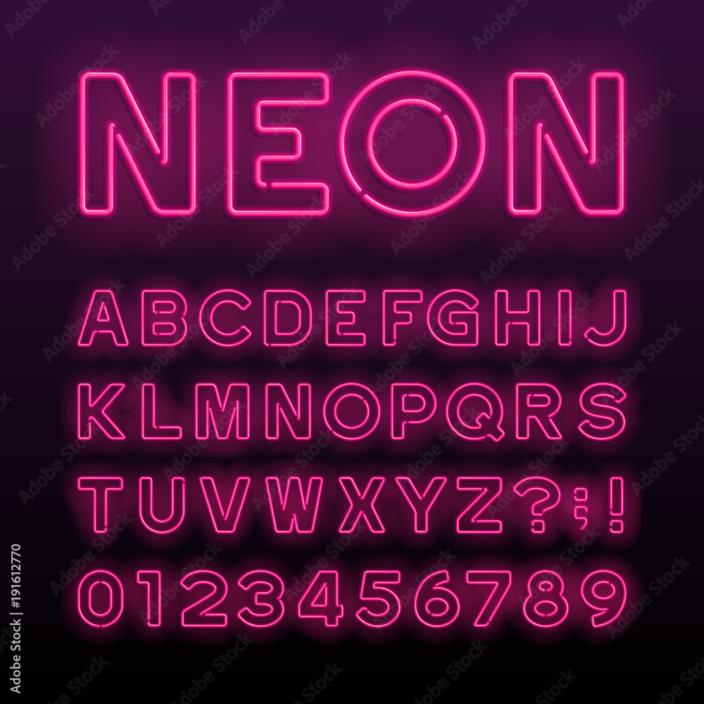 Purple neon tube alphabet font. Neon color letters, numbers and symbols ...
