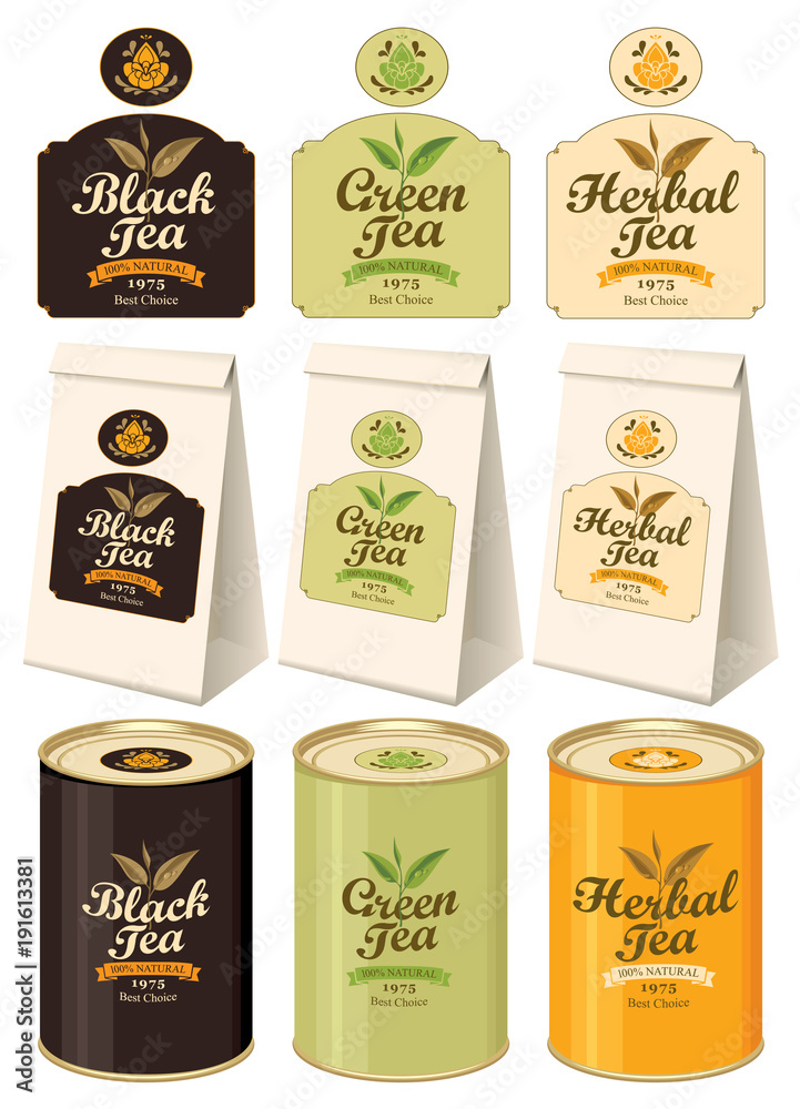 Set of vector banners and labels for various tea with the image of tea ...