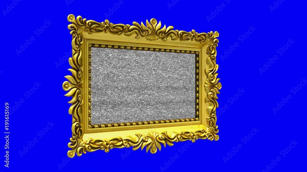 Luxury gold picture frame rotates on blue background, chroma key. Intro ...