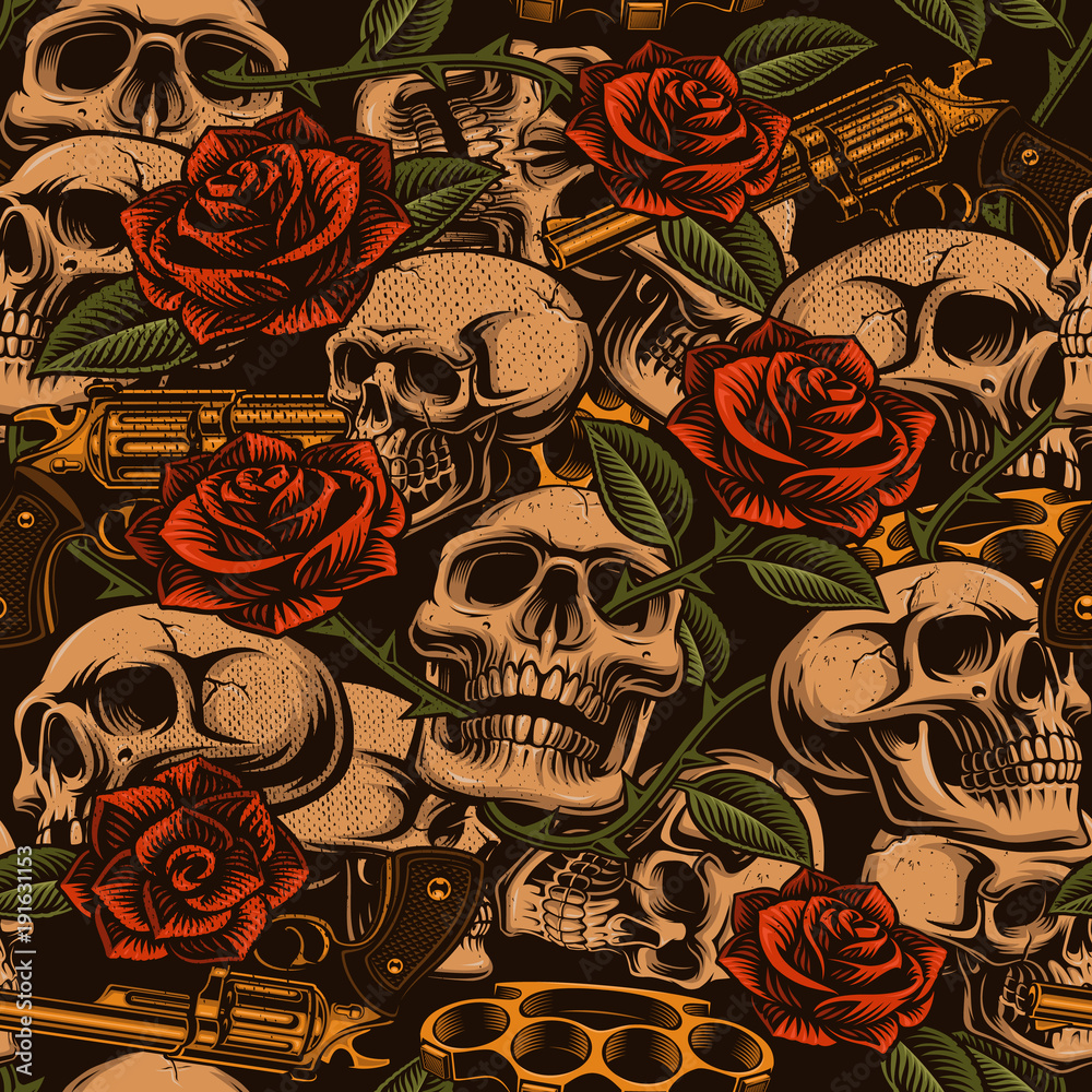 Skulls with guns and roses seamless pattern Stock Illustration | Adobe ...