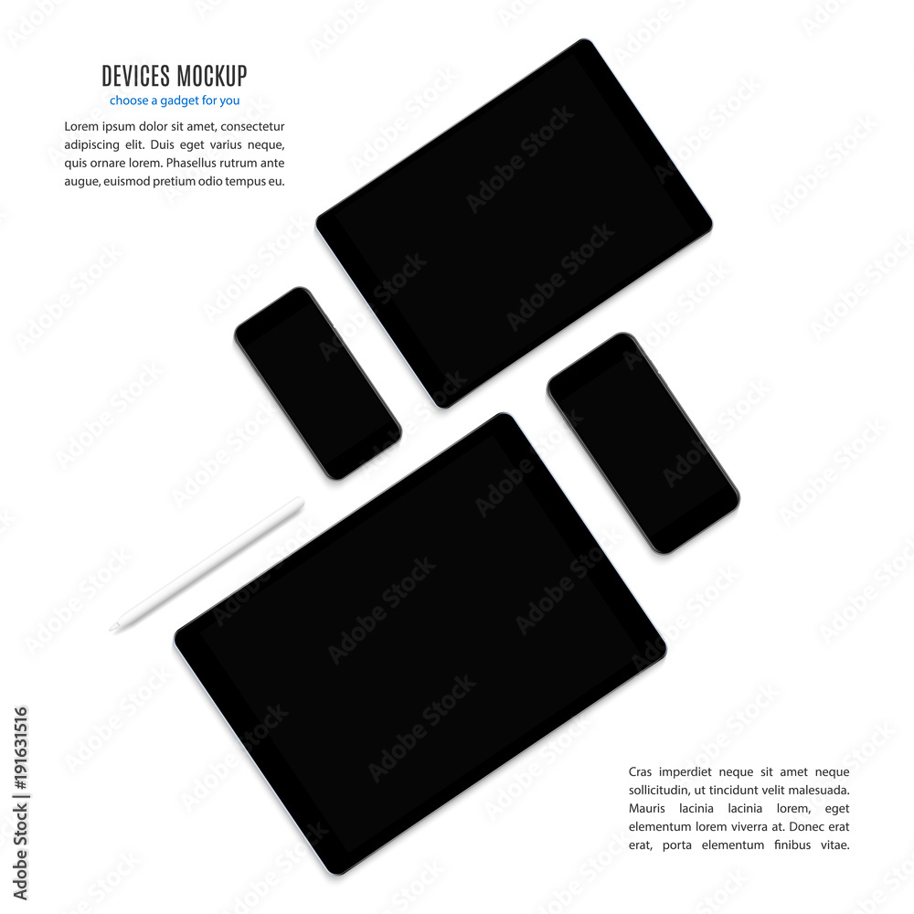 devices mockup: smartphones, tablets and stylus with blank black screen ...