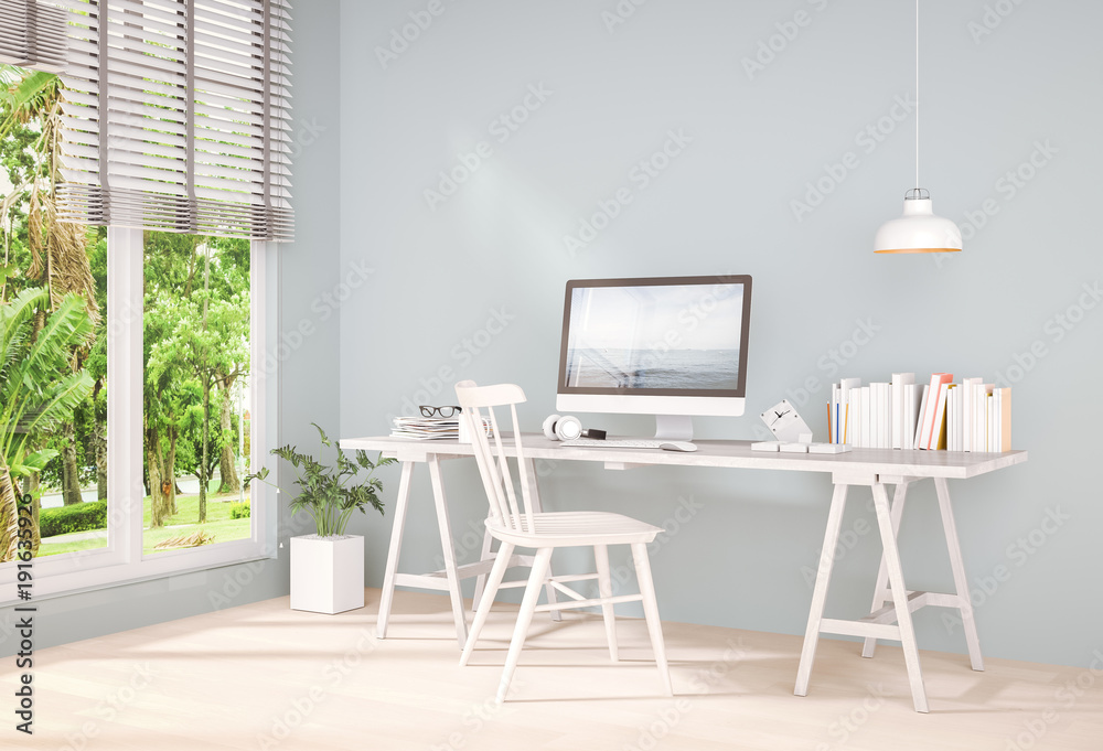 interior modern living room workspace with desk and laptop computer and ...