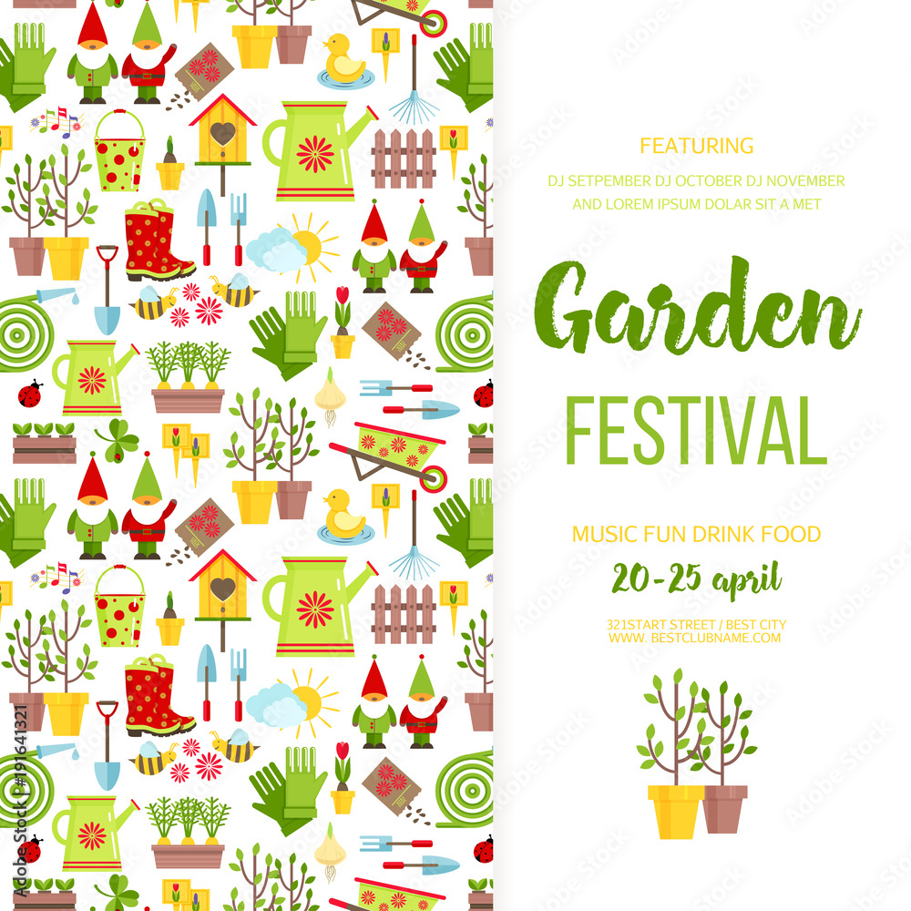 Garden festival banner poster template design. Garden care icons ...