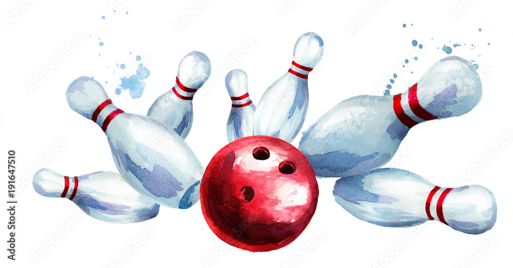 Bowling ball crashing into the pins. Watercolor hand drawn illustration ...