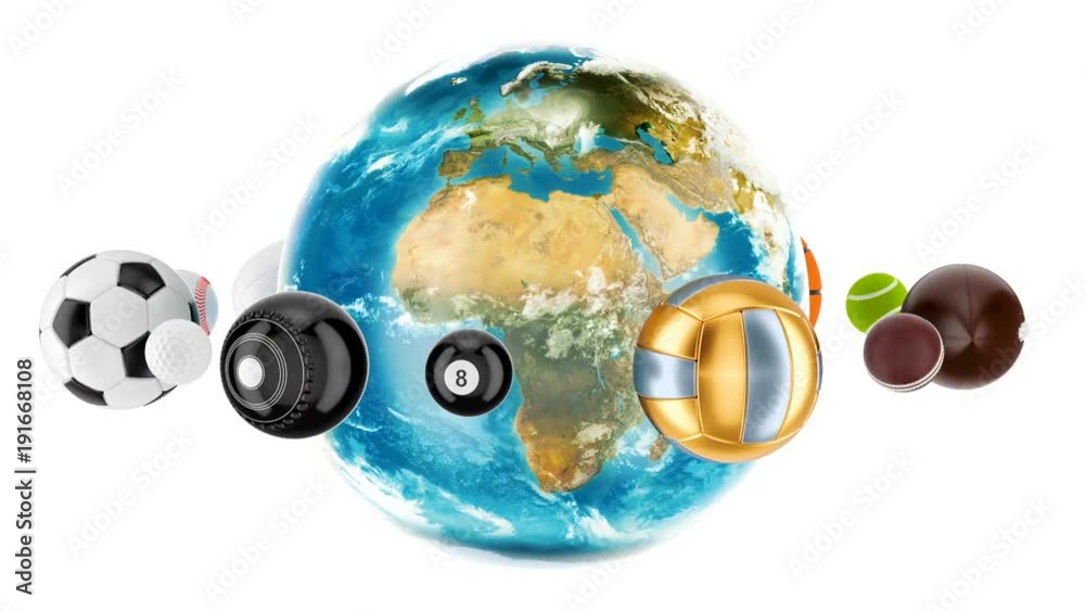 Earth Globe with sport balls around animation concept, 3D rendering ...