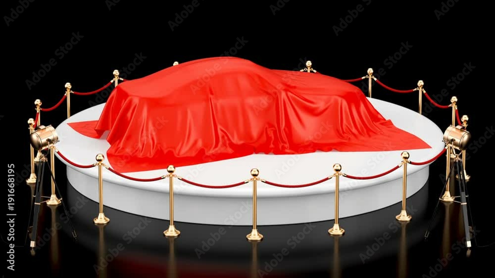 Vidéo Stock Presentation of car concept, podium with auto covered red ...