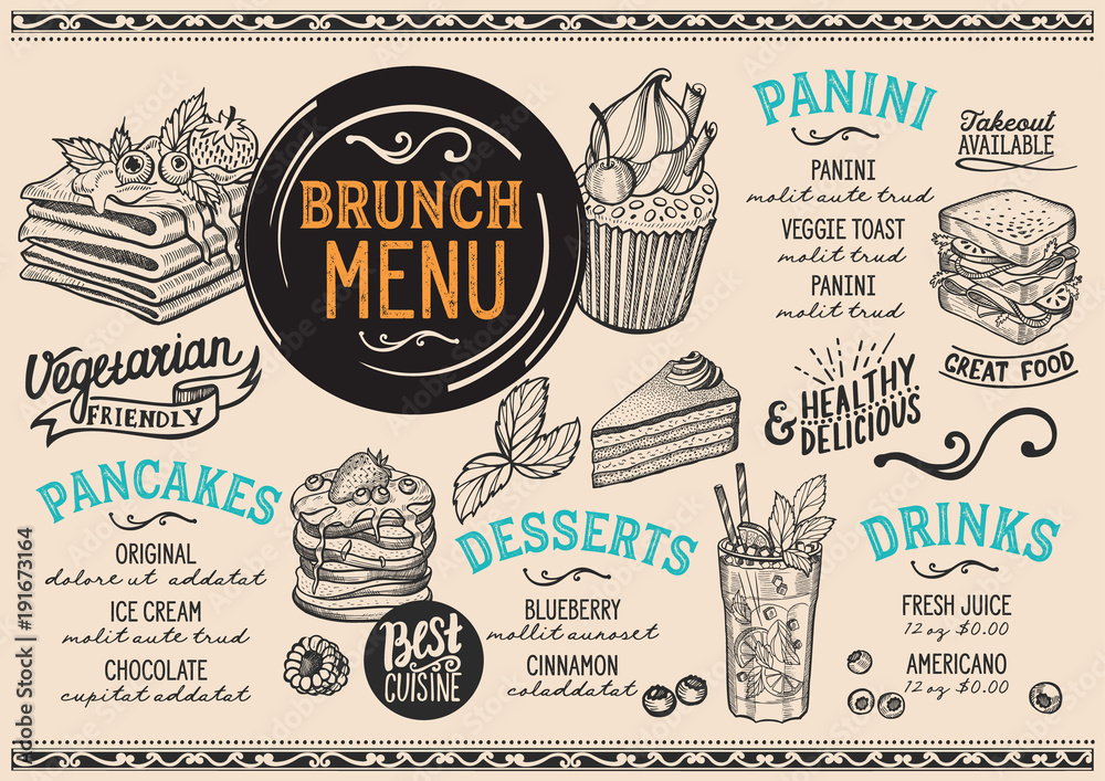 Brunch restaurant menu. Vector food flyer for bar and cafe. Design ...
