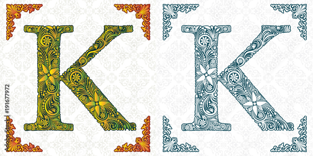Vector letter K. Elegant patterned font. Monogram. Alphabet from leaf ...
