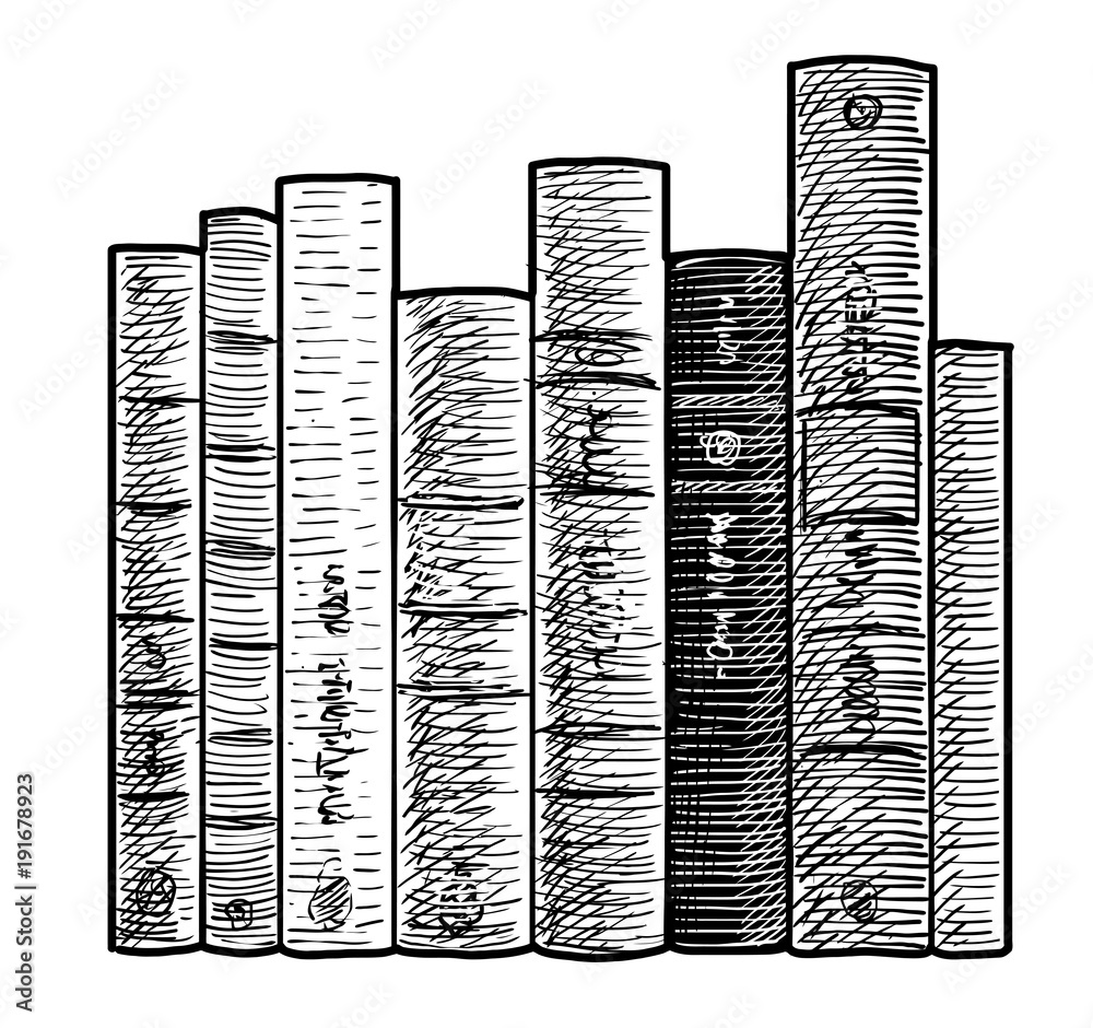 Books in a row illustration, drawing, engraving, ink, line art, vector ...