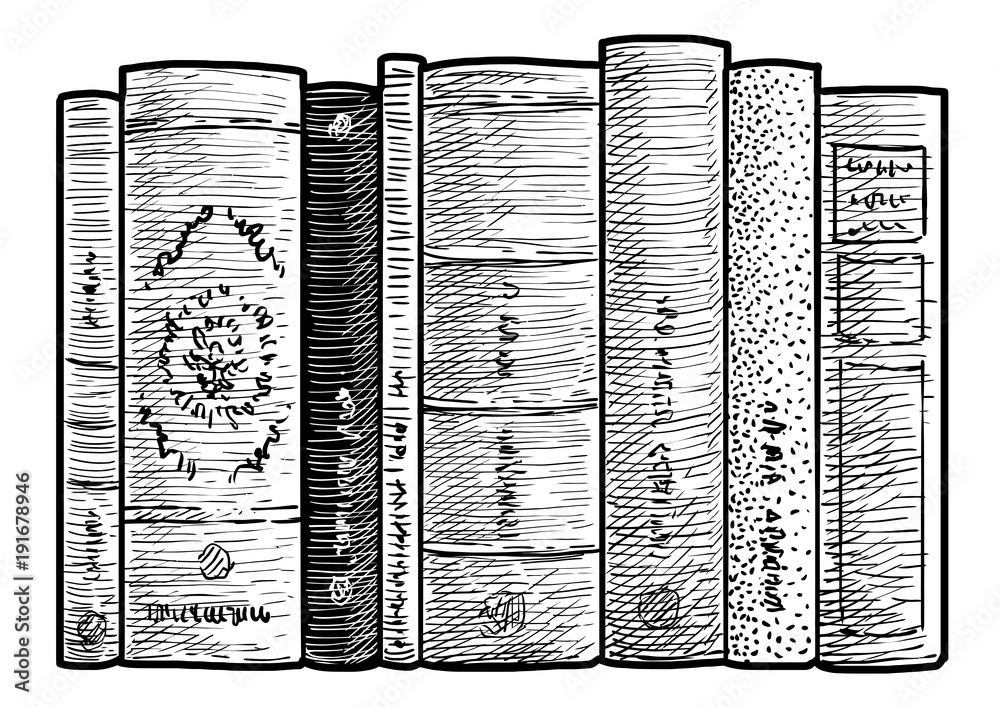 Books in a row illustration, drawing, engraving, ink, line art, vector ...