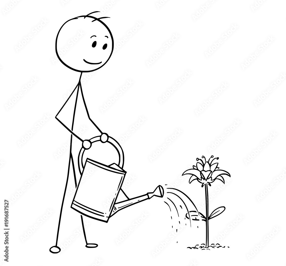 Cartoon stick man drawing illustration of gardener on garden watering ...