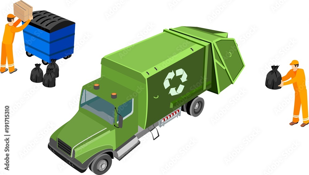 Garbage Collector Truck . 3D vector set. Isometric track collect ...
