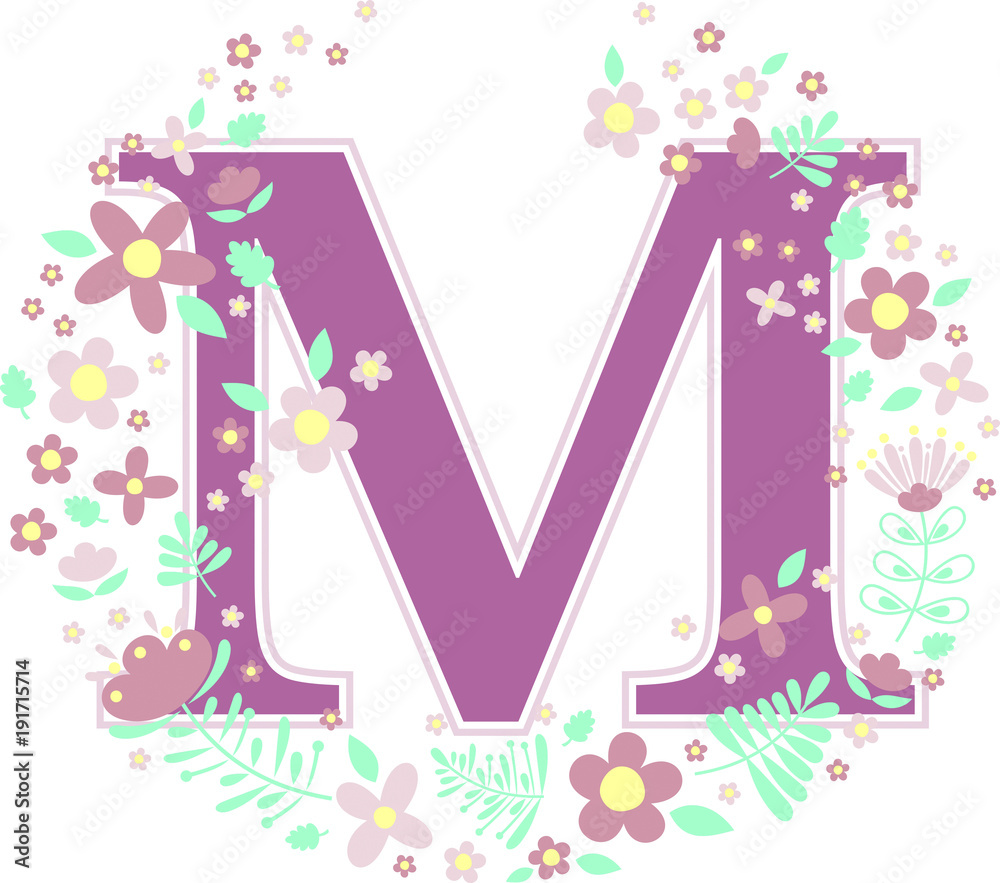 initial letter m with decorative flowers and design elements isolated ...
