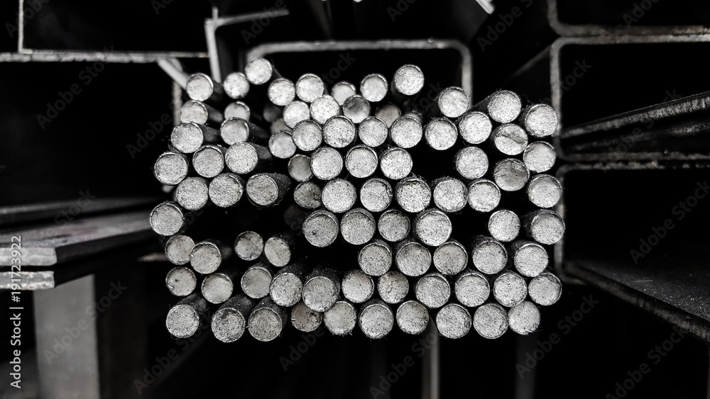 Construction steel profile of round bar at the warehouse of steel ...