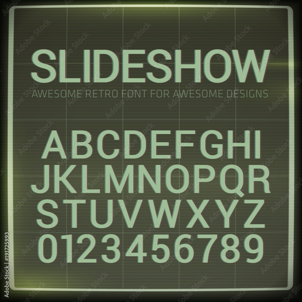 Retro font with blur effect. Vector distorted retro slide projector ...
