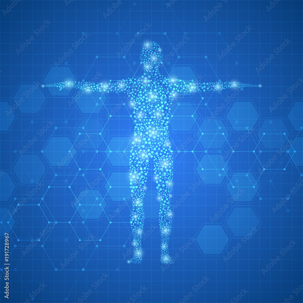Human body with molecules DNA on medical abstract background. Stock ...