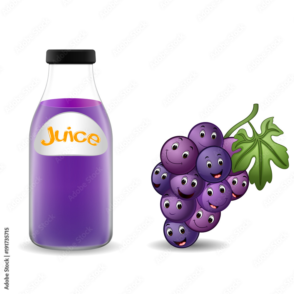 Bottle of grape juice with cute grape cartoon Stock Vector | Adobe Stock