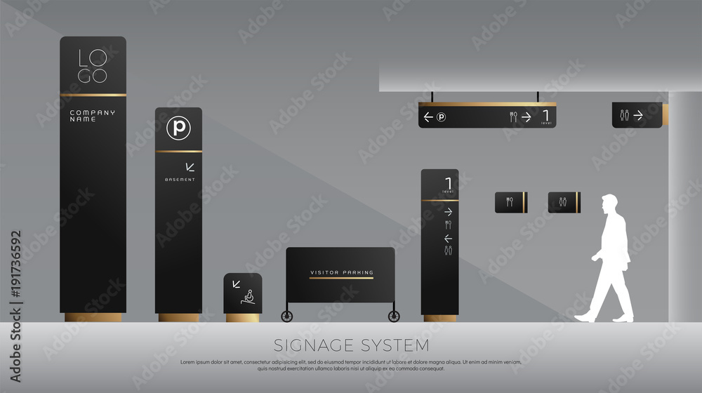 exterior and interior signage concept. direction, pole, wall mount and ...