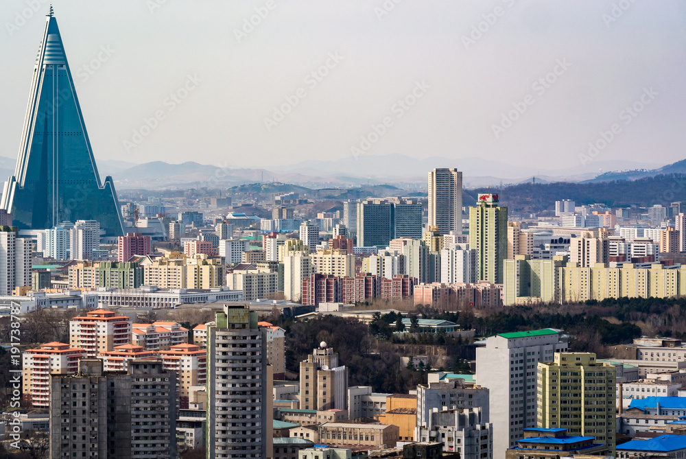 Pyongyang skyline with Ryugyŏng Hotel Stock Photo | Adobe Stock