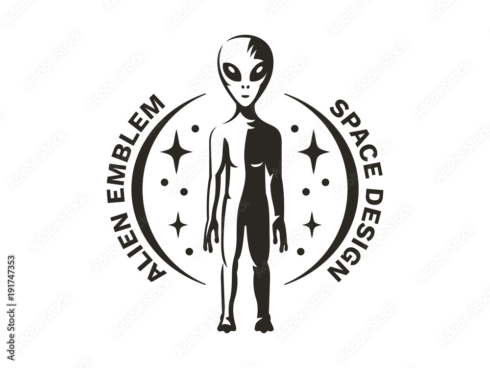 The alien stands in full growth against the sky, stars and distant ...