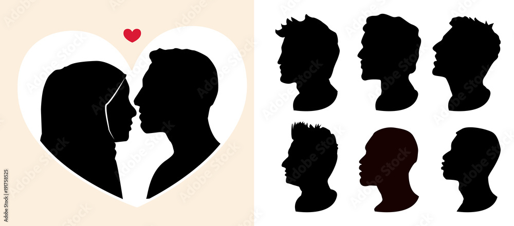 Muslim couple. Wedding icon. Arabic groom and bride. Set of silhouette ...