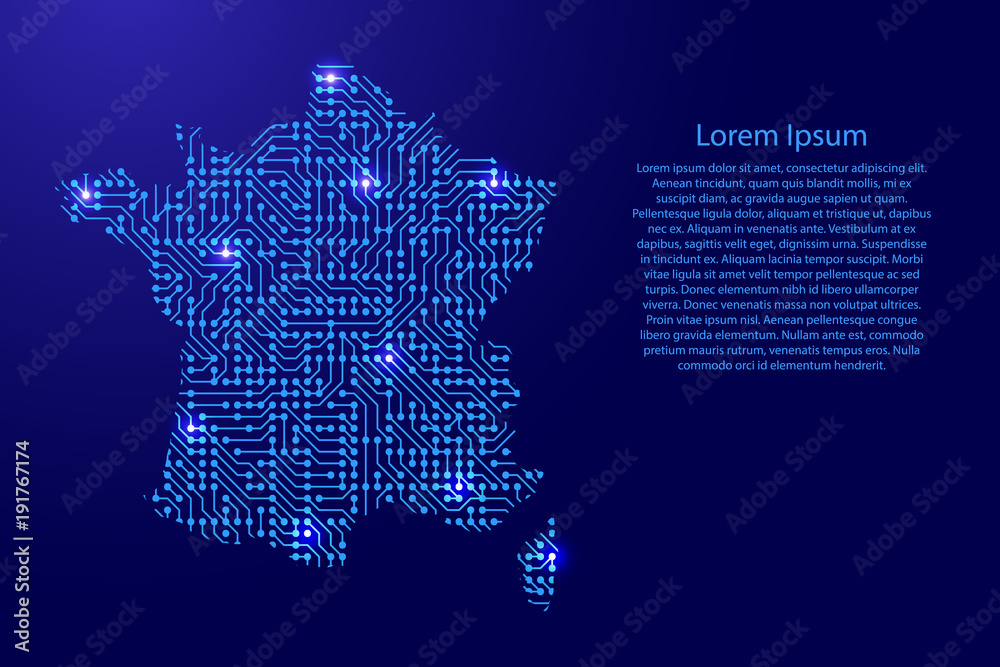 Map France from printed board, chip and radio component with blue star ...