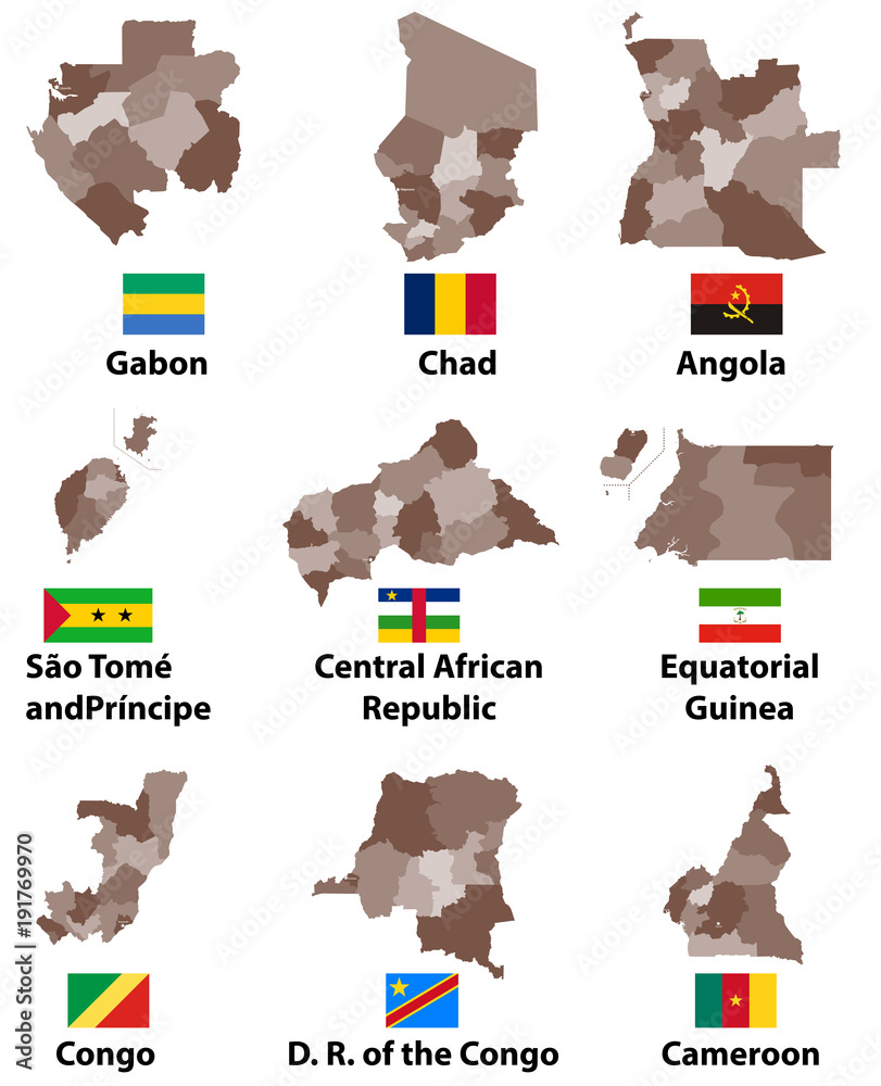 vector maps and flags of Central Africa countries with administrative ...