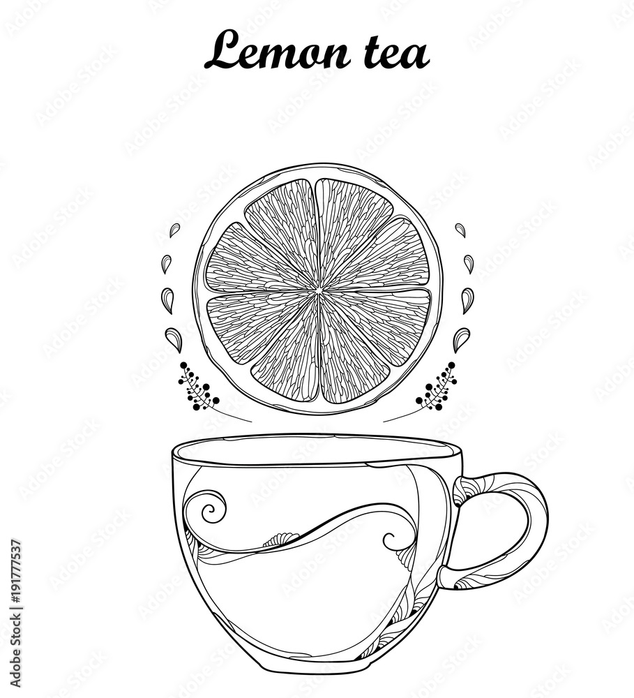 Vector outline cup of Lemon herbal tea and Lemon slice in black ...