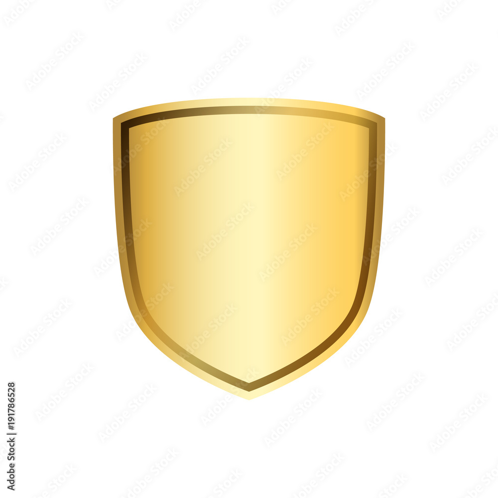 Gold shield shape icon. 3D golden emblem sign isolated on white ...