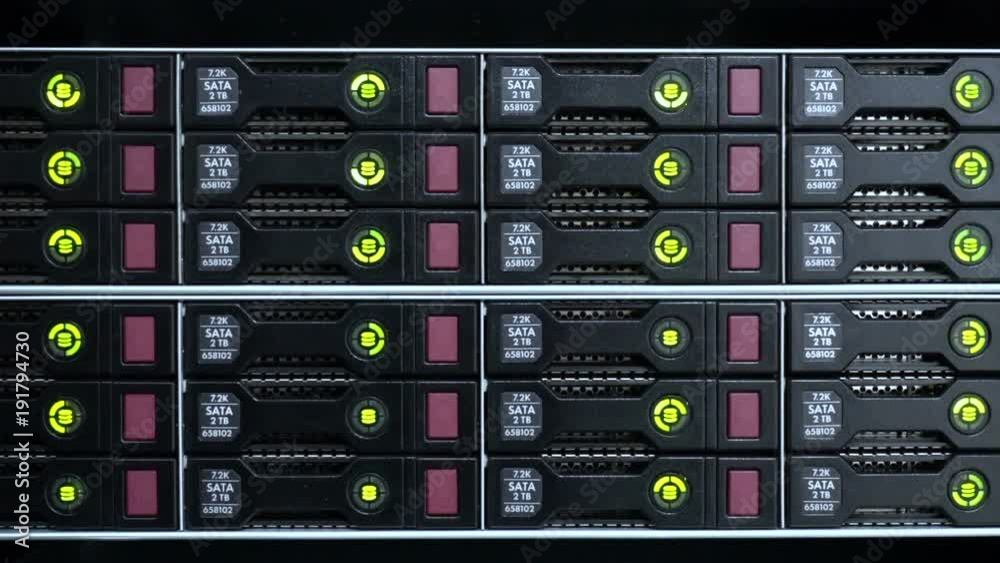 Data servers while working. LED lights are flashing. Storage HDD Server ...