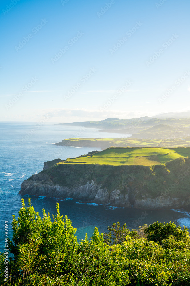 Beautiful nature view on Azores with small villages, tows, green nature ...