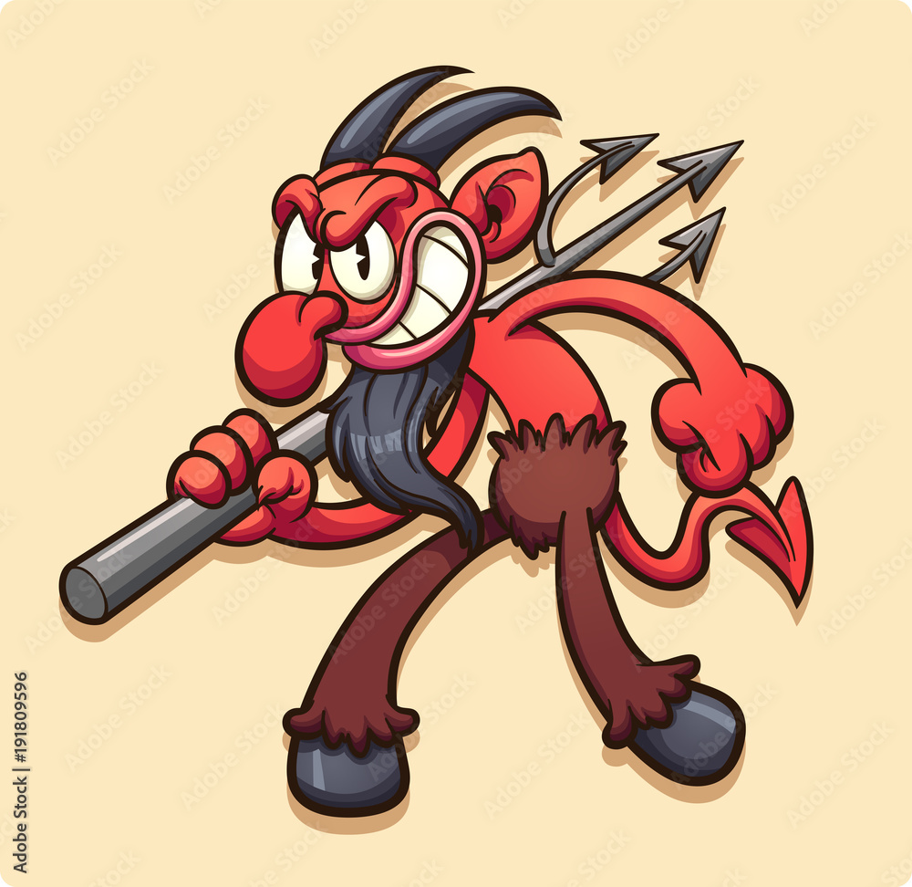 Vintage cartoon devil walking with trident. Vector clip art ...