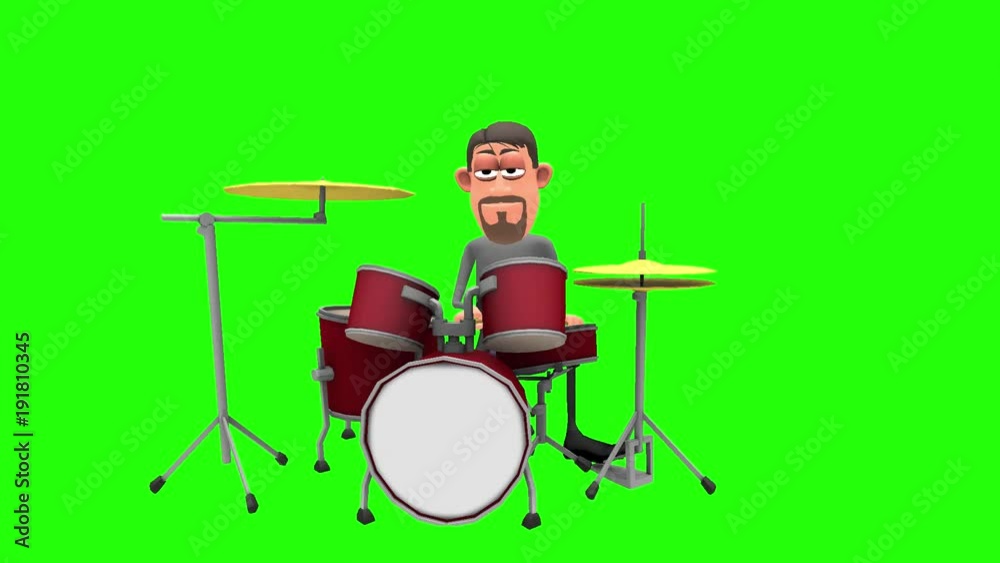Animated male musician cartoon character plays drums in looping pattern ...