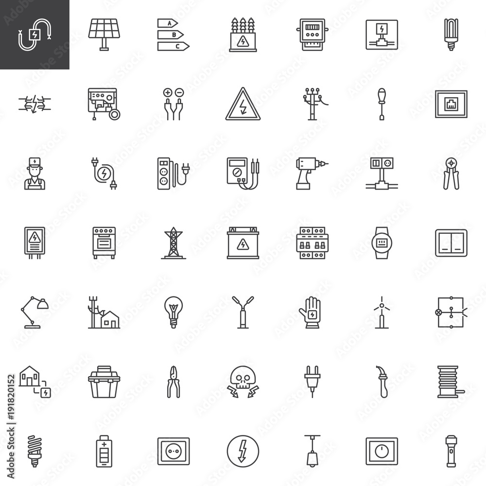 Electrician elements line icons set, outline vector symbol collection ...
