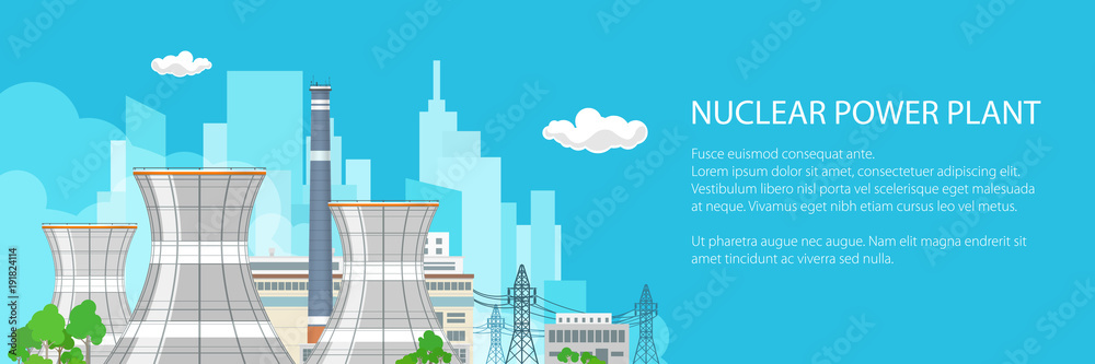 Poster Banner with Nuclear Power Plant , Thermal Station and Text ...