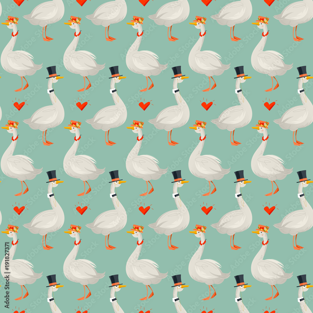 Gander wearing a top hat and a goose in a hat with flowers. Geese in ...