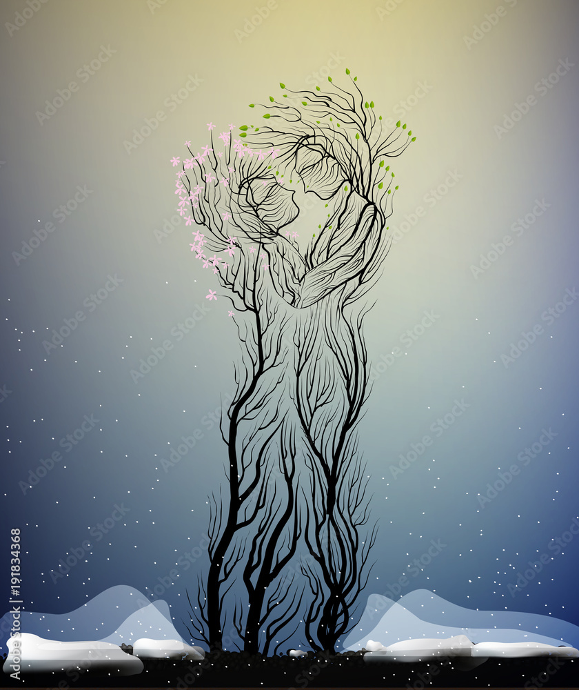 couple of people look like tree branches silhouettes, two lovers ...