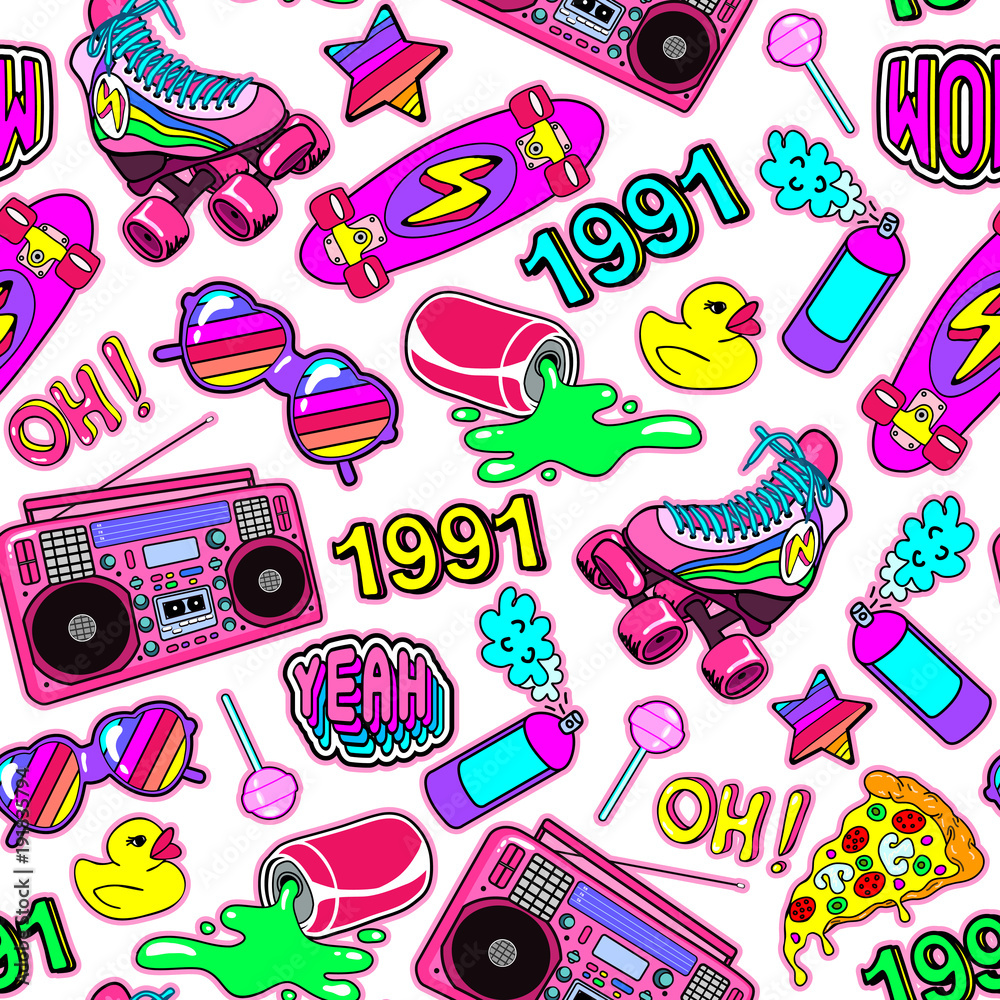 Seamless pattern with colorful elements from the nineties. White ...
