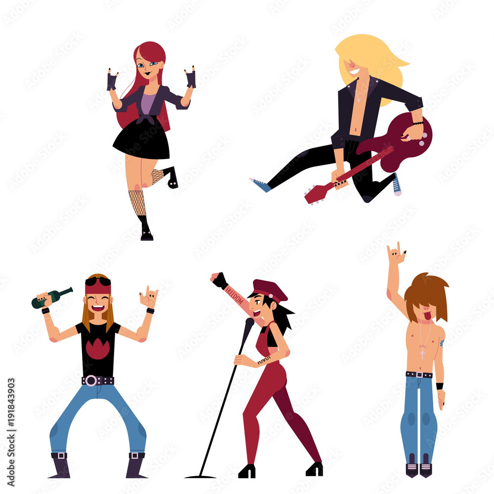 Set of young rock musicians - singer, band leader, guitarist, cartoon ...