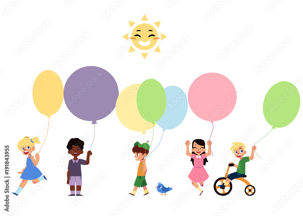 Set of children playing with balloons, cartoon vector illustration ...