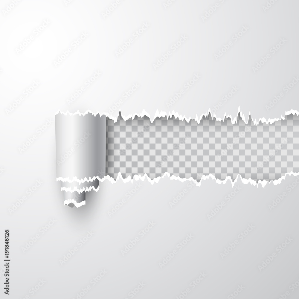 Vector torn hole in sheet of white paper. Transparent background of ...